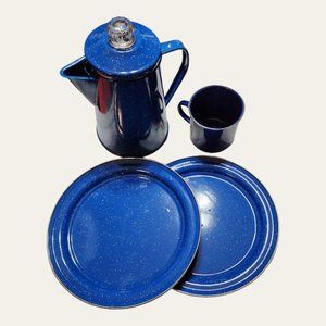 Source Unknown | Other | Vintage Blue Enamel Camping Dining Set Camping ...